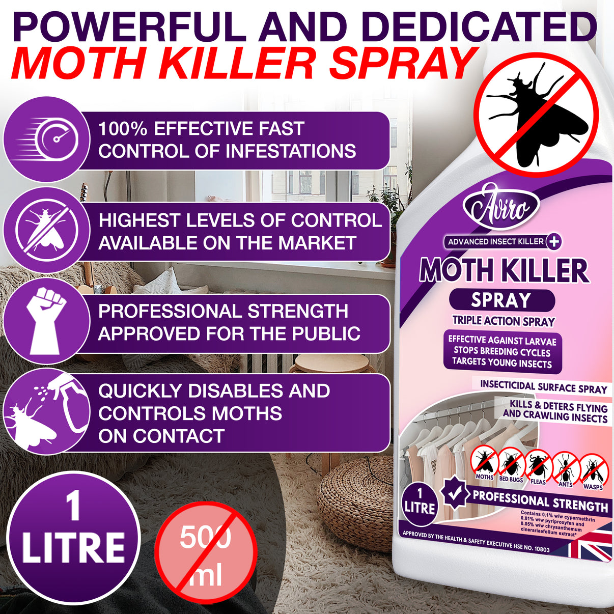 Aviro Moth Killer Spray: Eradicate Moths & Eggs from Carpets & Fabrics ...
